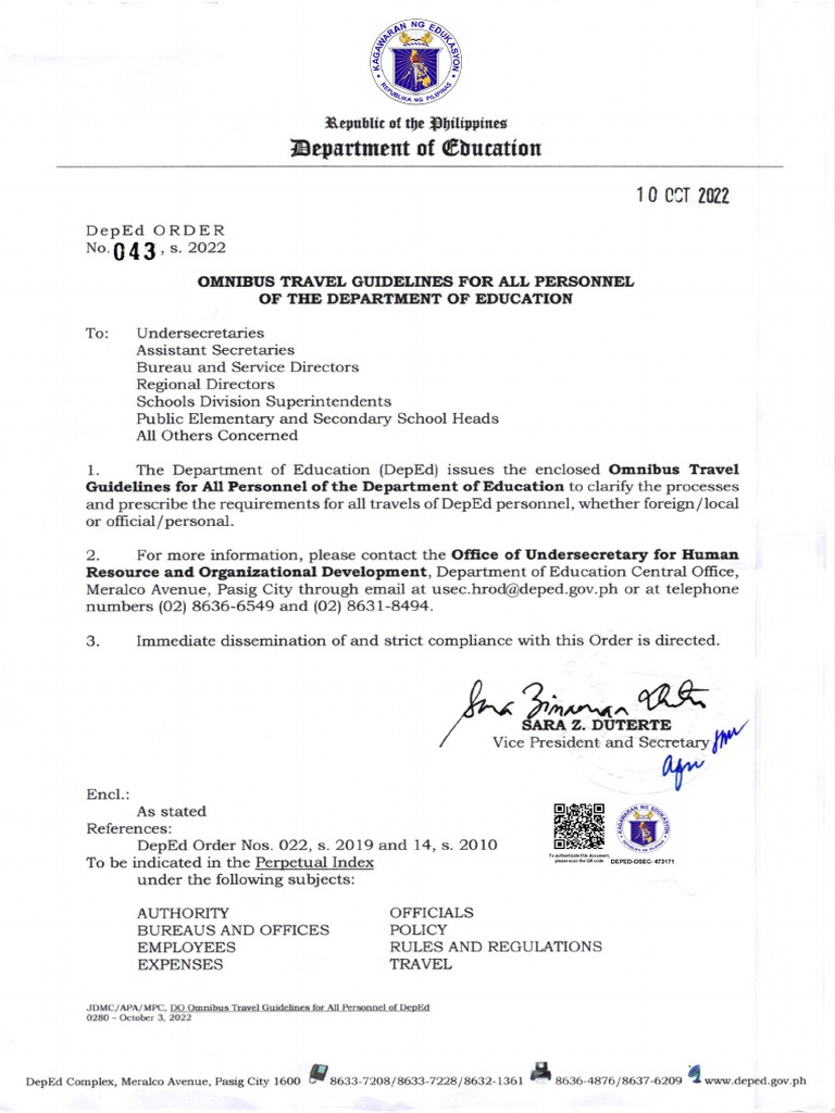 Guidelines for Official and Personal Travel of DepEd Personnel | PDF ...