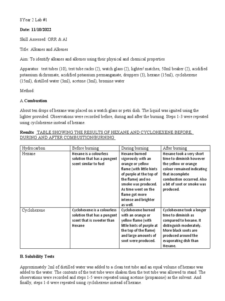 0 - Year 2 Lab 1 - Alkanes and Alkenes Personal | PDF | Alkene | Combustion