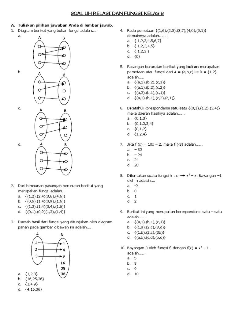 Soal Uh Relasi Dan Fungsi Kelas 8 | PDF