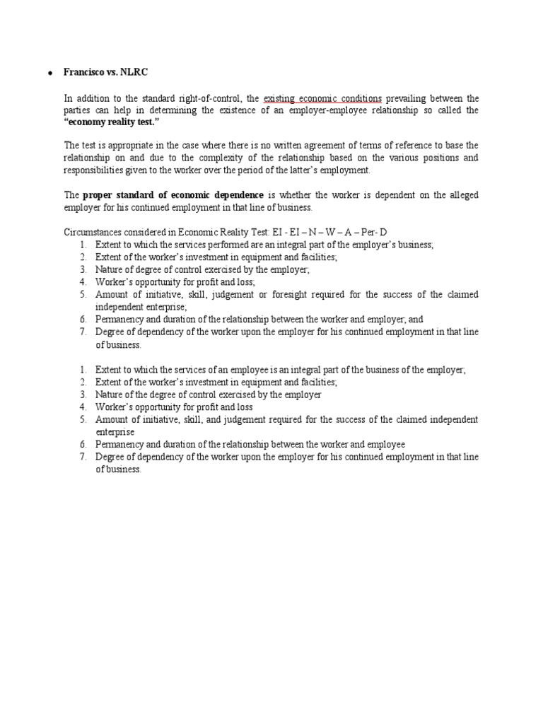 Employer-Employee Relationship Determined by Economic Reality Test ...