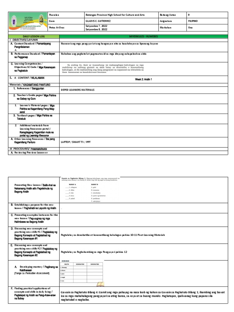 Filipino 7 Daily Lesson Log | PDF