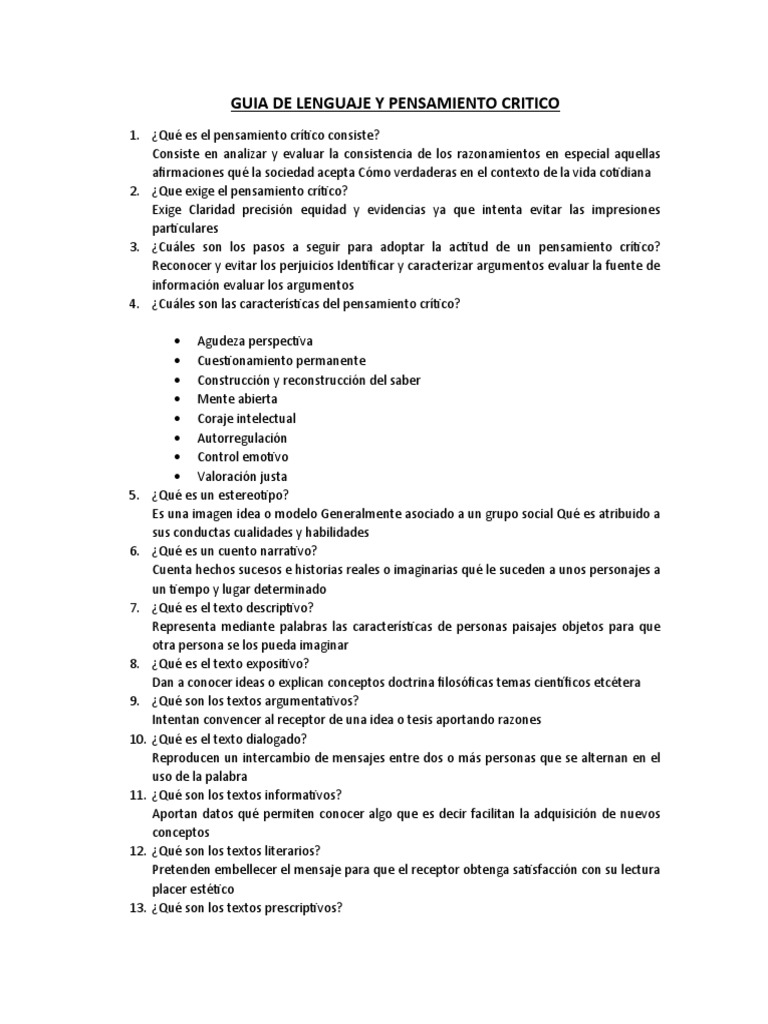 Guia de Lenguaje y Pensamiento Critico | PDF | Pensamiento crítico ...