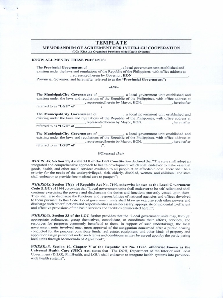 UHC Template MOA For Inter-LGU Cooperation | PDF