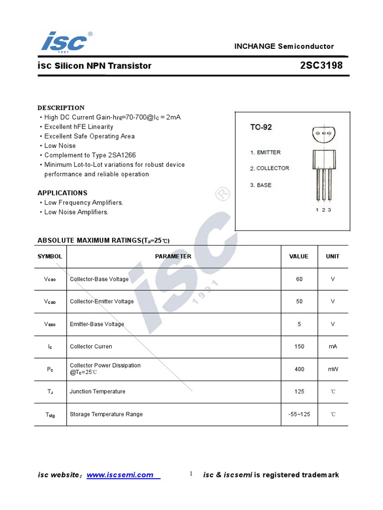 2SC3198 Datasheet | PDF | Bipolar Junction Transistor | Amplifier