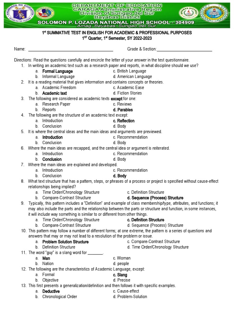 Academic English Summative Test: Analyzing Text Structures and Academic ...