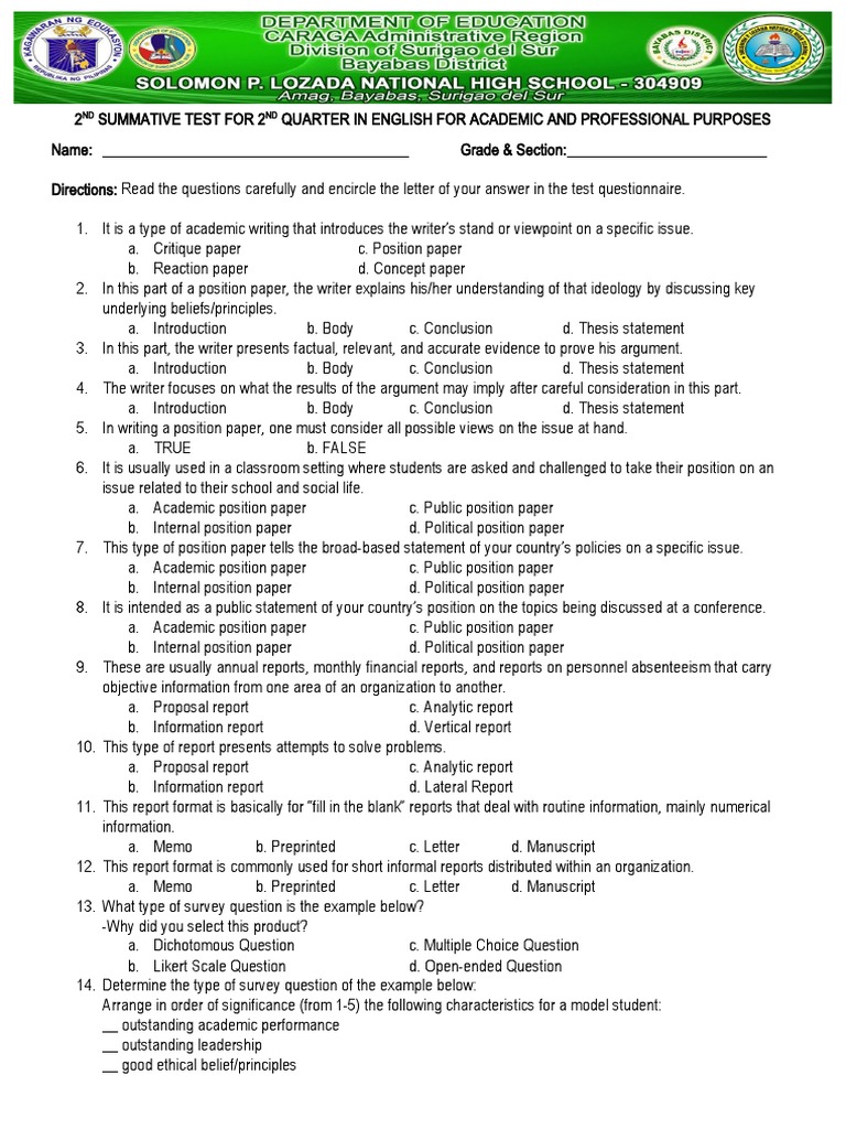 2nd Quarter EAPP Summative Test | PDF | Argument | Thesis