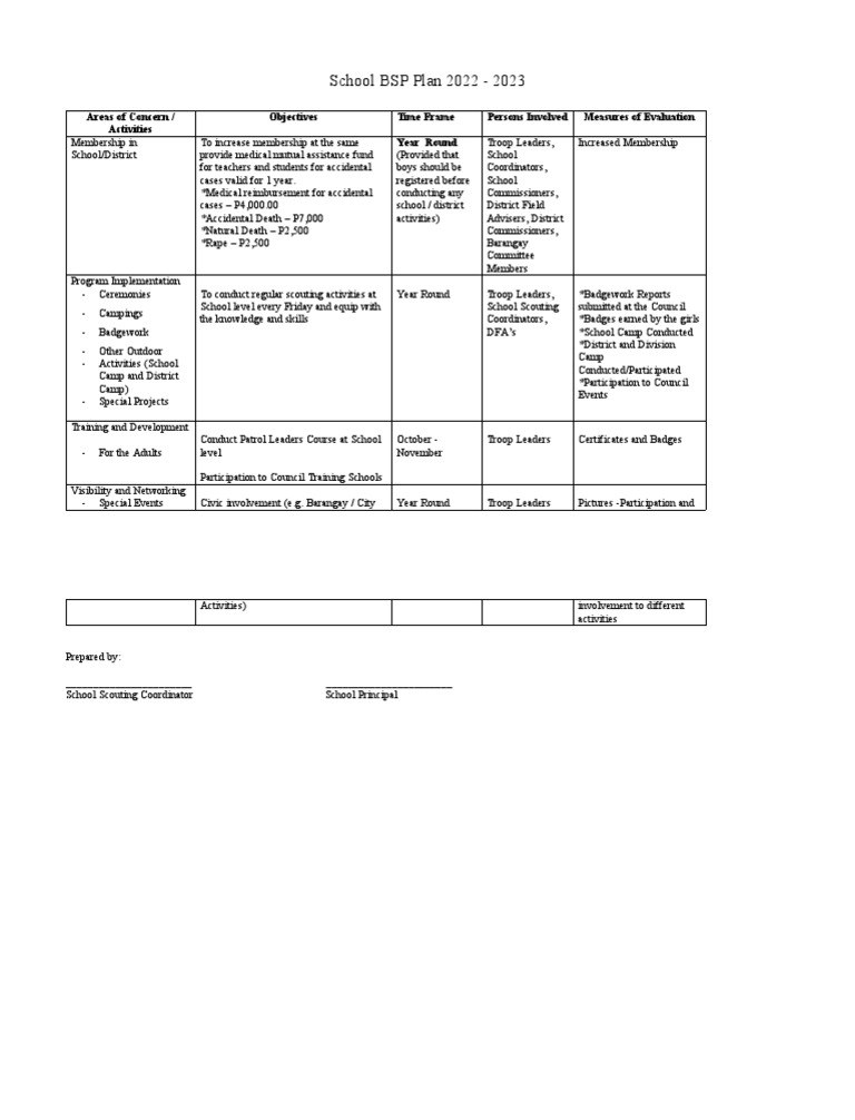 Sample School BSP Plan SY 2022 2023 | PDF | Scouting | Youth Organizations