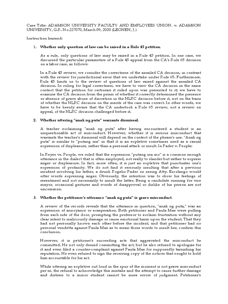 Adamson University Faculty and Employees Union. v. Adamson University ...