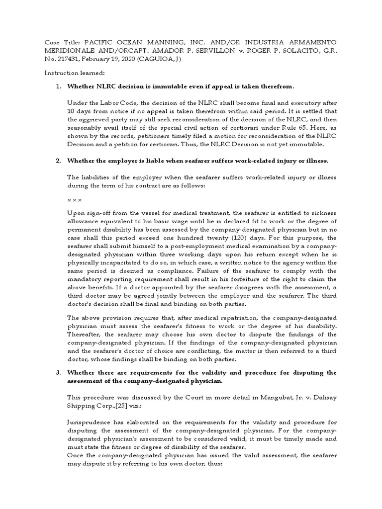 NLRC Decision Appeals & Seafarer Injury Liability | PDF | Mediation | Public Law