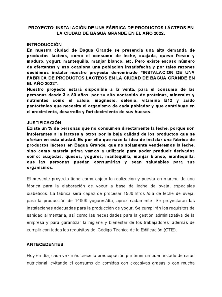 Proyecto-Instalacion de Una Fabrica de Lacteos. | PDF | Leche | Productos lácteos