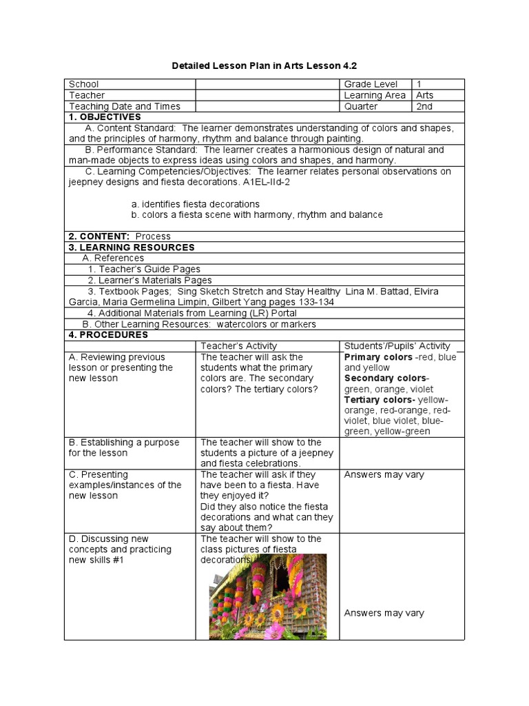 Detailed Lesson Plan in Arts Lesson 4.2 Quarter 2 | PDF | Teachers ...