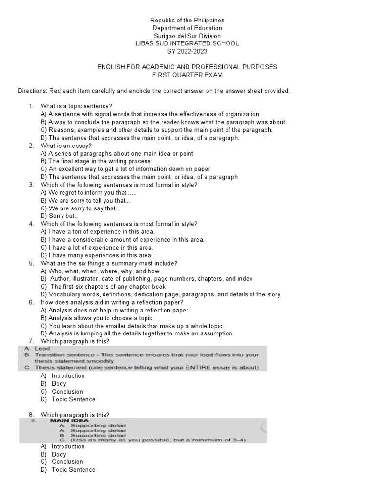 1St Quarter Exam EAAP | PDF | Paragraph | Citizenship