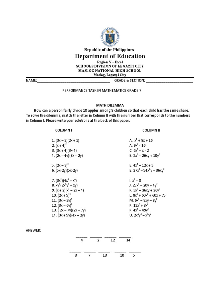 Grade 7 Math Performance Task Q2 | PDF | Mathematics | Science