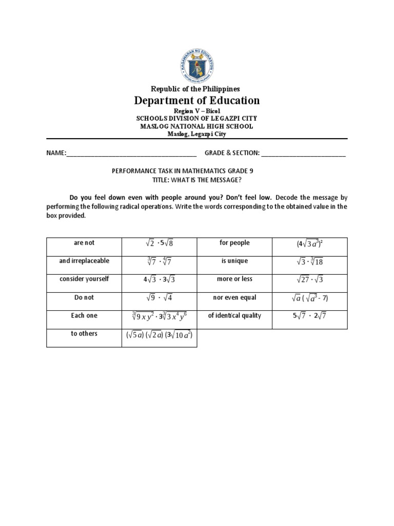 Performance Task in Grade 9math 2nd Quarter | PDF | Mathematics | Science