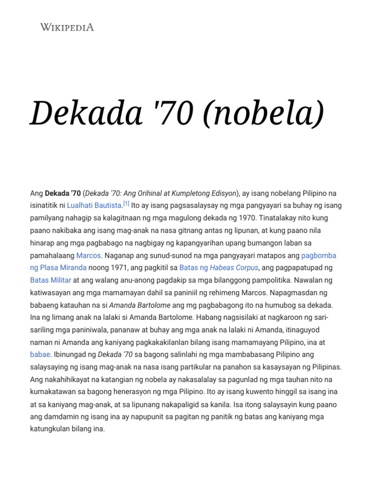 Dekada '70 (Nobela) - Wikipedia, Ang Malayang Ensiklopedya | PDF