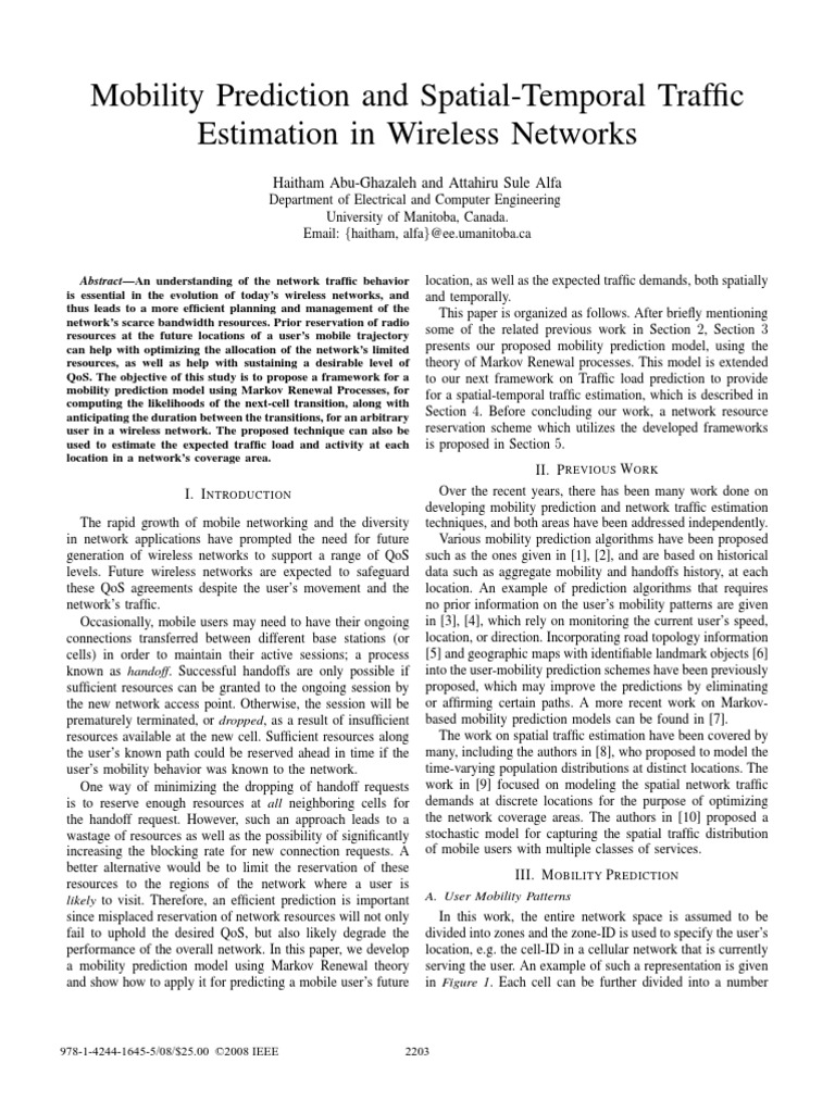 Mobility Prediction And Spatial Temporal Traffic Estimation In Wireless Networks Pdf Markov