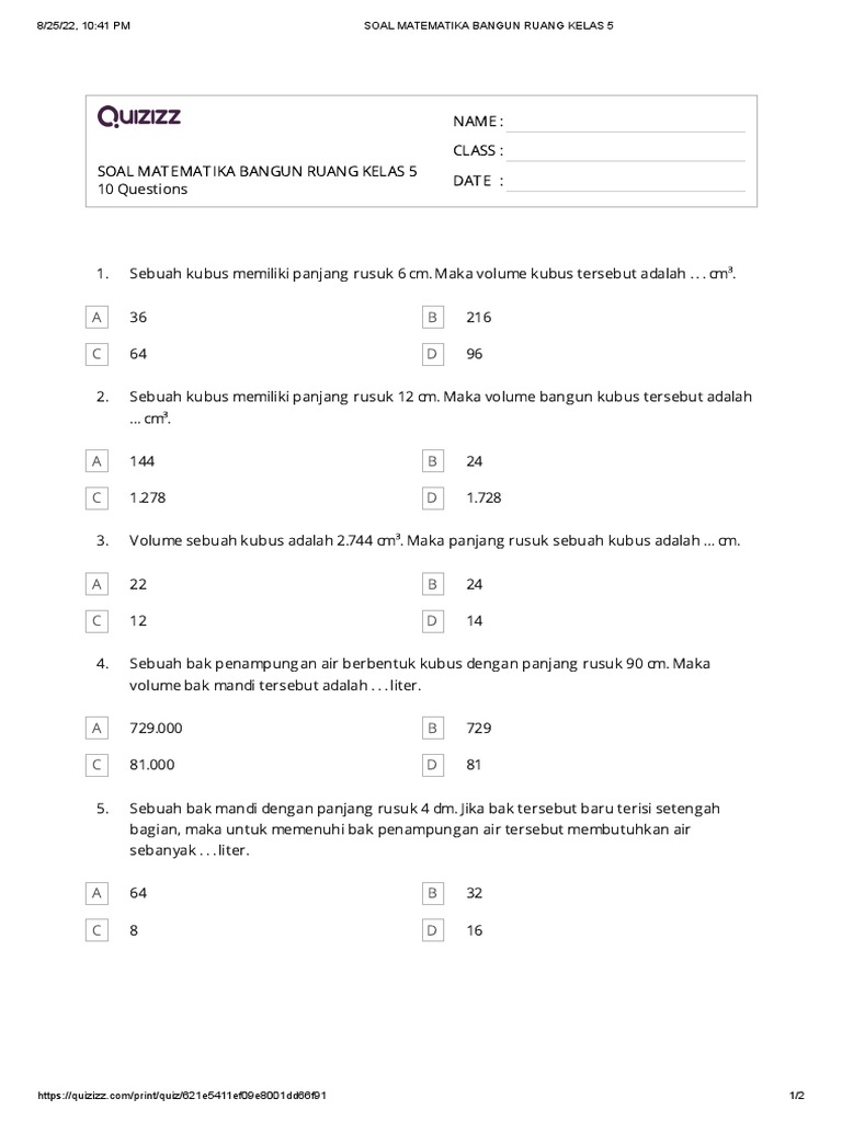 Soal Matematika Bangun Ruang Kelas 5 | PDF