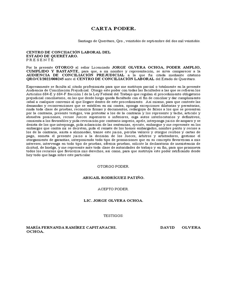 Carta Poder Laboral Persona Física Centro de Conciliación Laboral Del ...