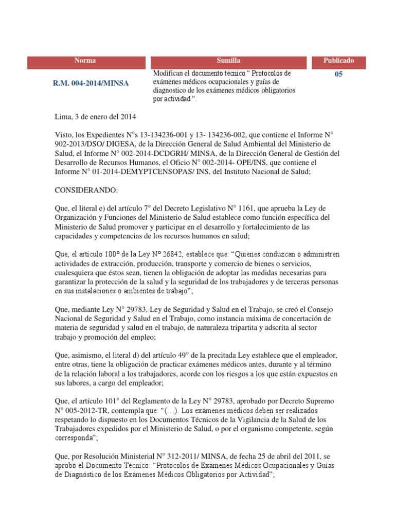 RM-004-2014-MINSA Modificatoria Del RM 312-2011-MINSA | PDF | Medicina ...