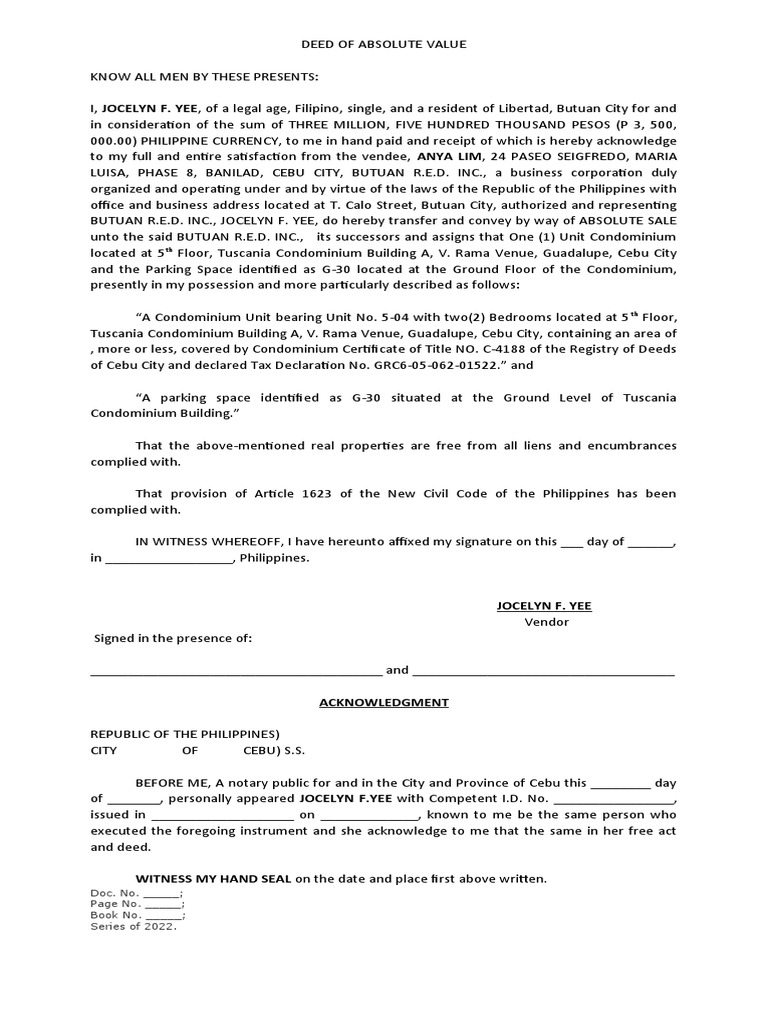 Condominium Sale Deed Cebu City | PDF | Law And Economics | Civil Law ...