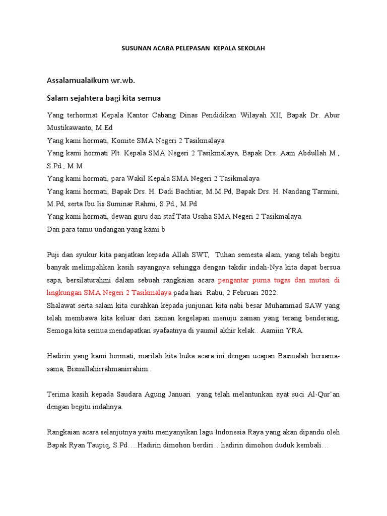 Naskah MC Susunan Acara Kegiatan Perpisahan Kepala Sekolah | PDF