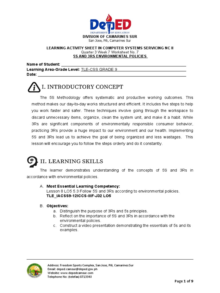 Q3 - W7 - Grade9 - CSS - 5s and 3Rs Environmental Policies | PDF | Learning | Recycling