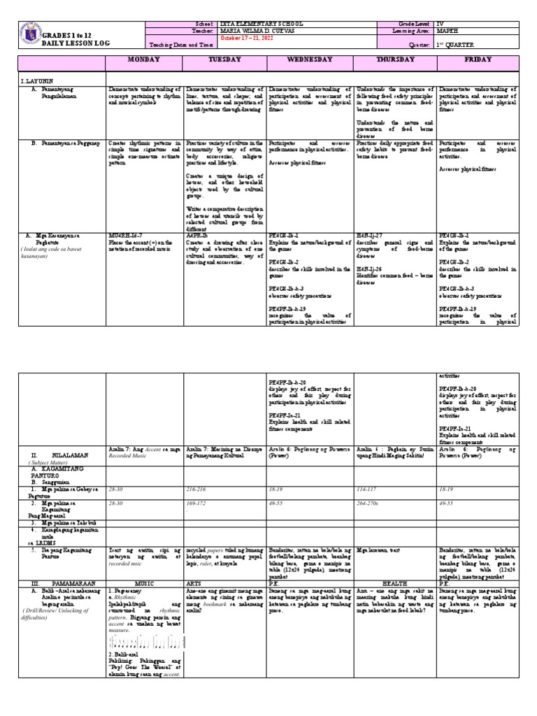 DLL - Mapeh 4 - Q1 - W9 | PDF | Rhythm And Meter | Cognition