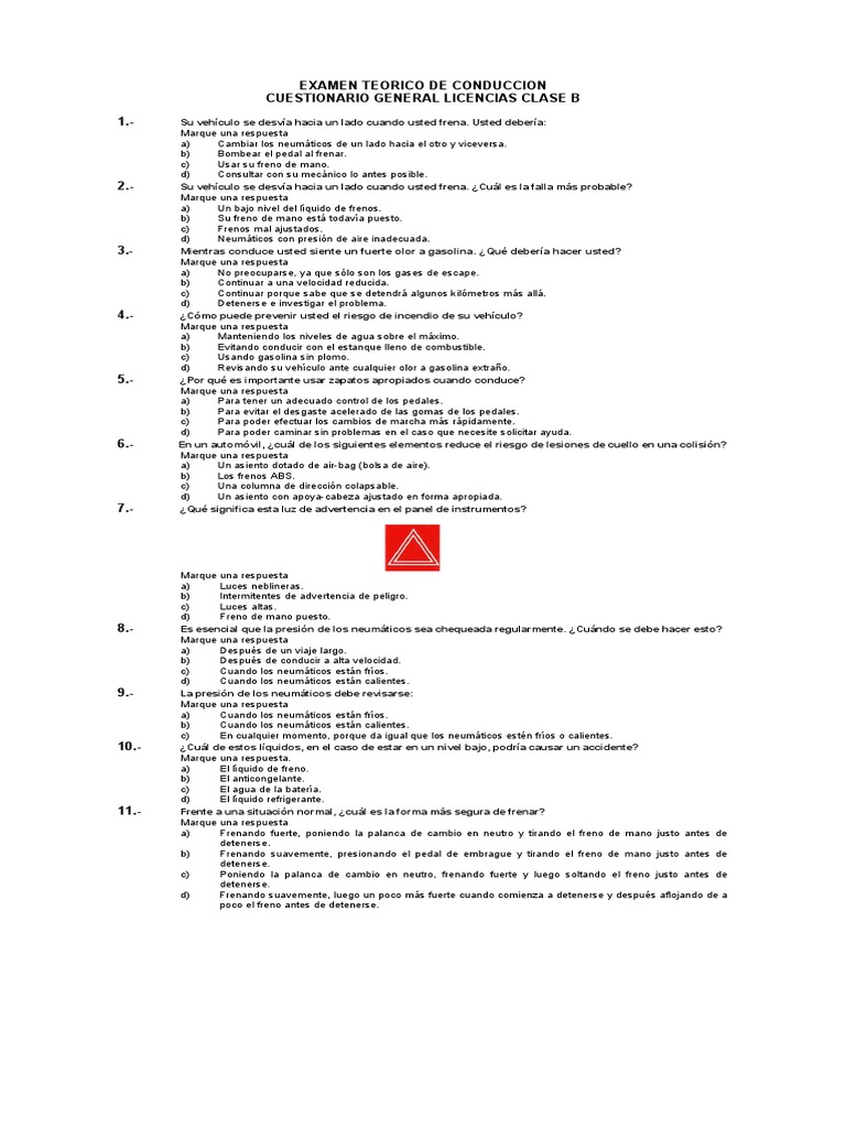 Examen Teórico de Conducción Clase B | PDF | Neumático | Etanol