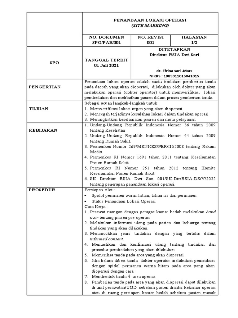 SPO PENANDAAN SISI OPERASI Revisi 1 | PDF