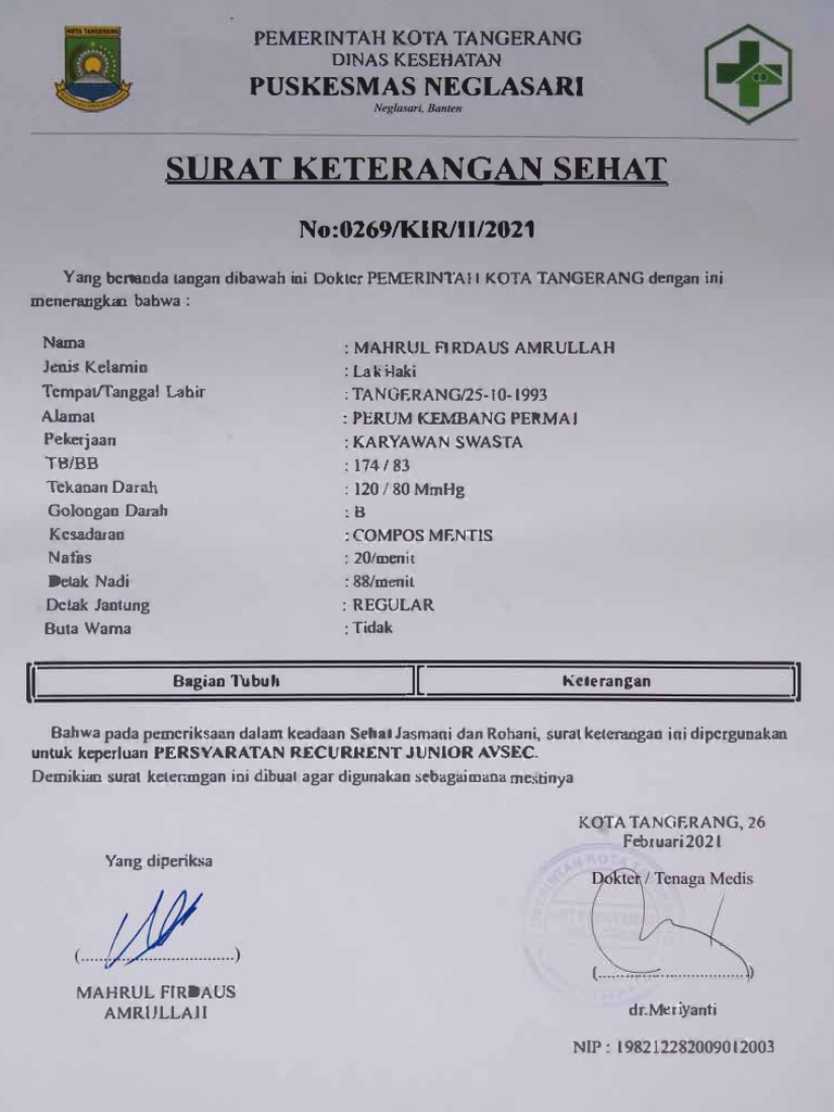 Contoh Surat Keterangan Sehat | PDF