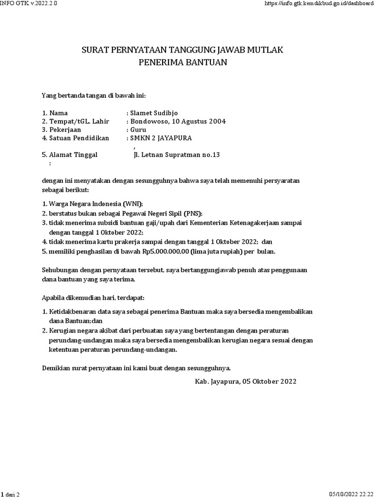 Contoh SURAT PERNYATAAN TANGGUNG JAWAB MUTLAK PENERIMA BANTUAN | PDF