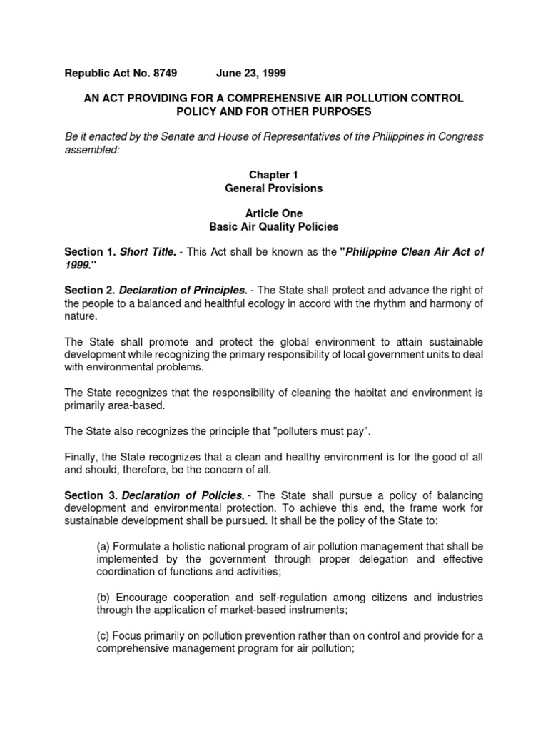 RA 8749 Philippine Clean Air Act of 1999 | PDF | Air Pollution ...