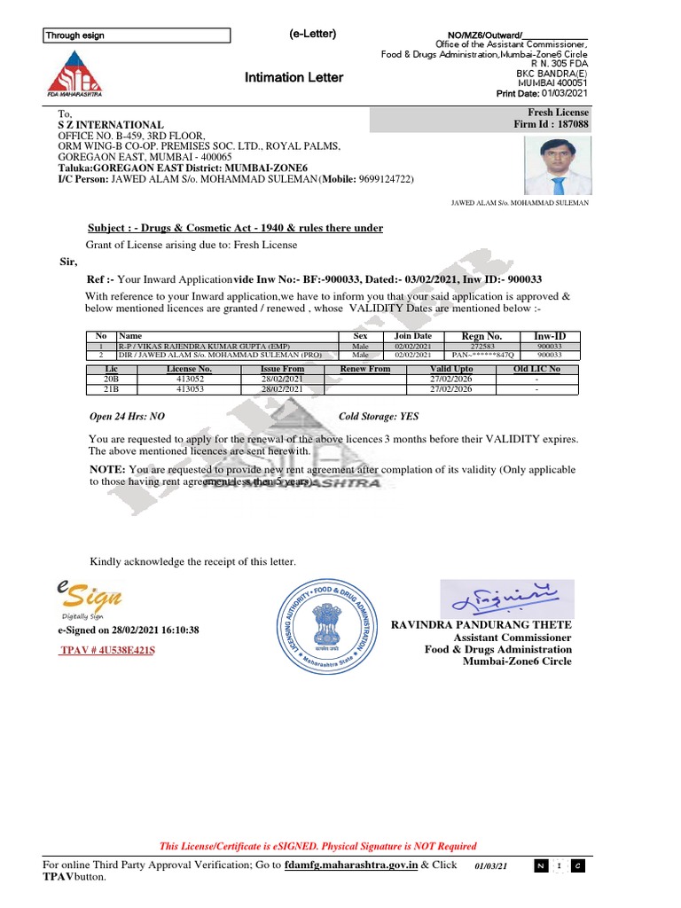 Fda Drug Licence-20b & 21B | PDF