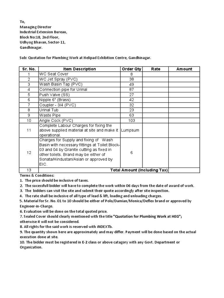 Sample Quotation For Plumbing Work | PDF | Plumbing | Civil Engineering