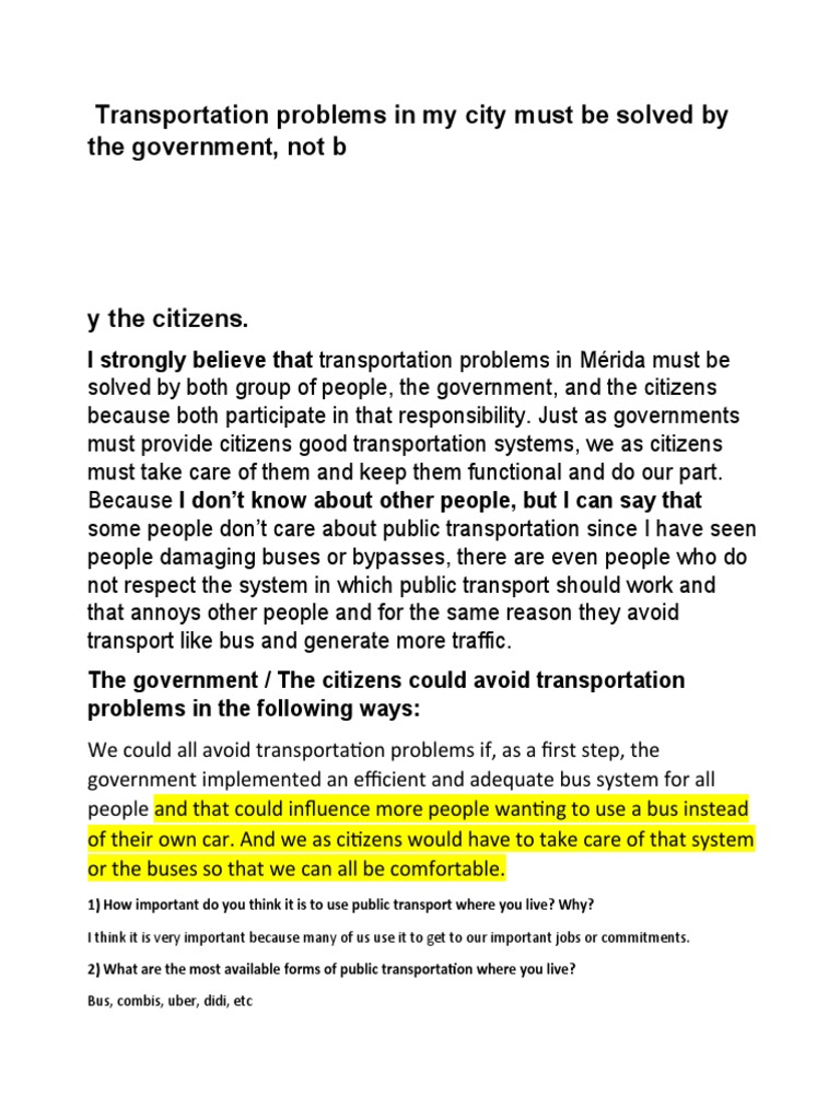 Transportation Problems in My City Must Be Solved by The Government | PDF