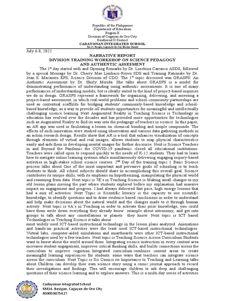 Narrative Report on the Division Training Workshop on Science Pedagogy and Authentic Assessment ...