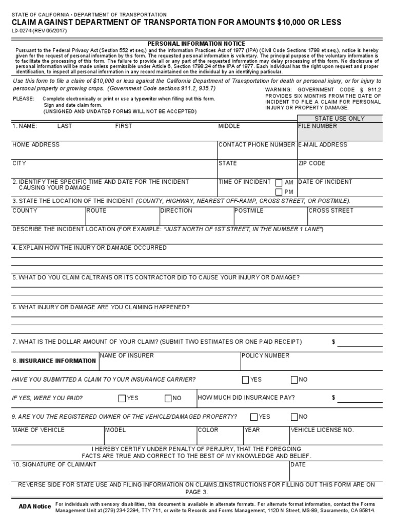 Filing Claims Against Caltrans | PDF | Insurance | Damages