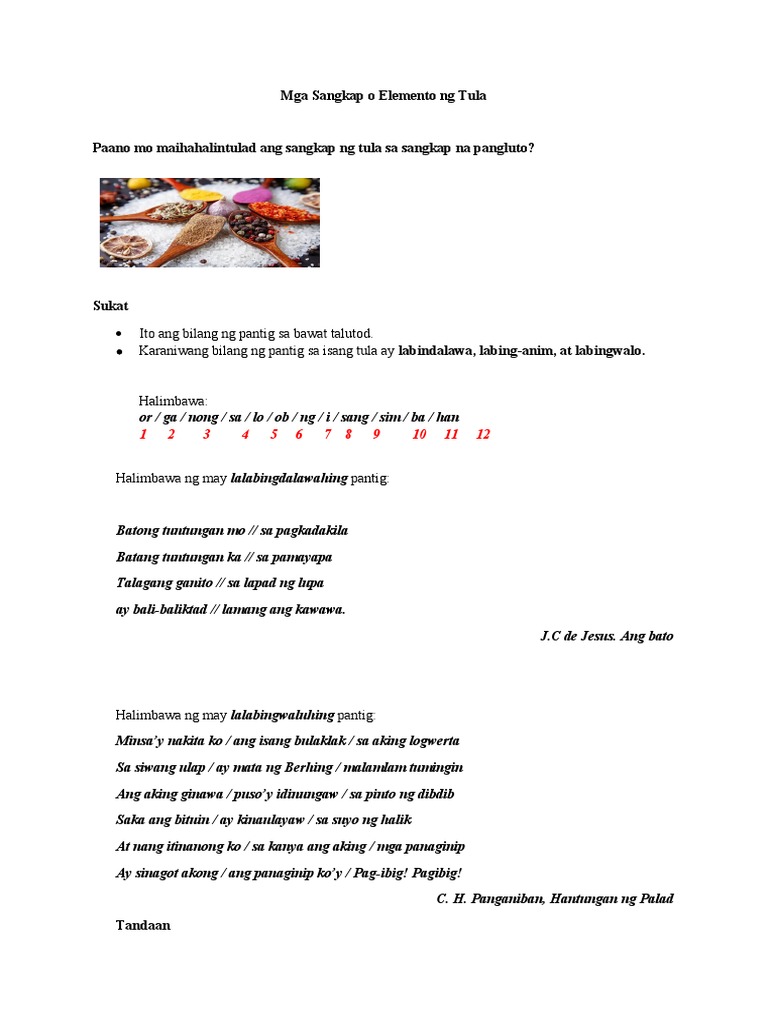 Mga Sangkap o Elemento NG Tula | PDF