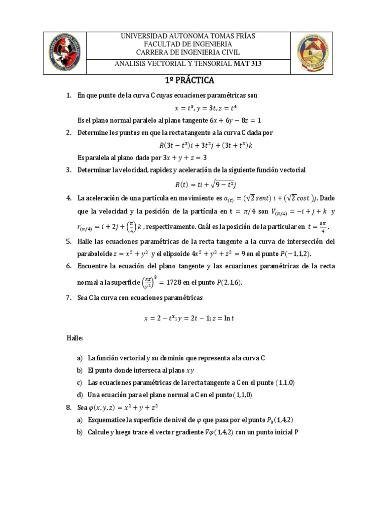 practica N°1 MAT 313 GA | PDF | Vector Euclidiano | Curva