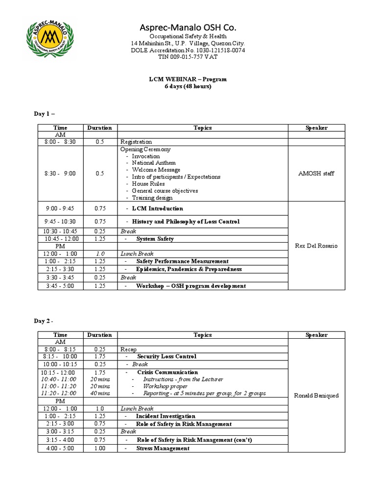 LCM Training Schedule Overview | PDF | Occupational Safety And Health ...