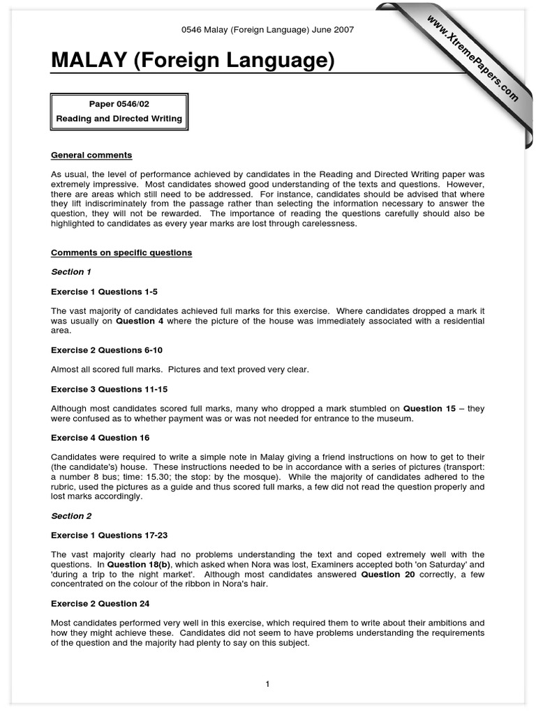 MALAY (Foreign Language) : Paper 0546/02 Reading and Directed Writing ...