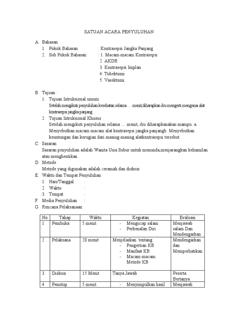 SATUAN ACARA PENYULUHAN Kontrasepsi MKJP | PDF