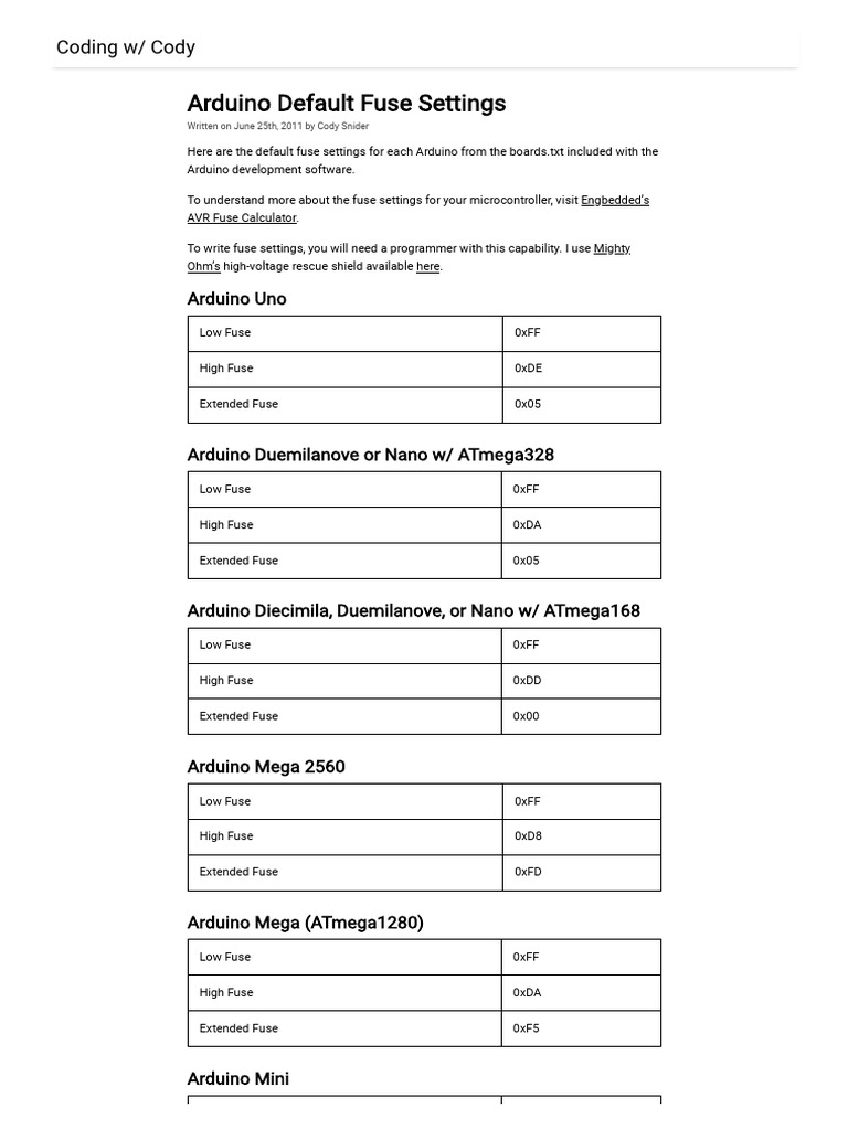 Arduino Default Fuse Settings | PDF | Arduino | Computer Science