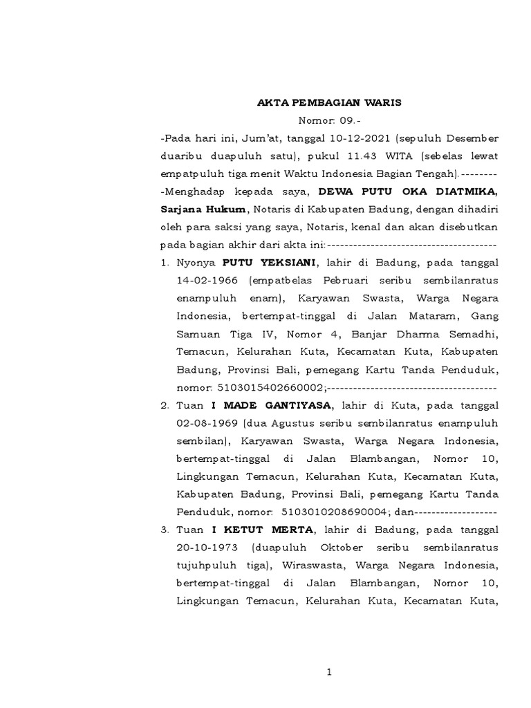 Akta Pembagian Waris | PDF