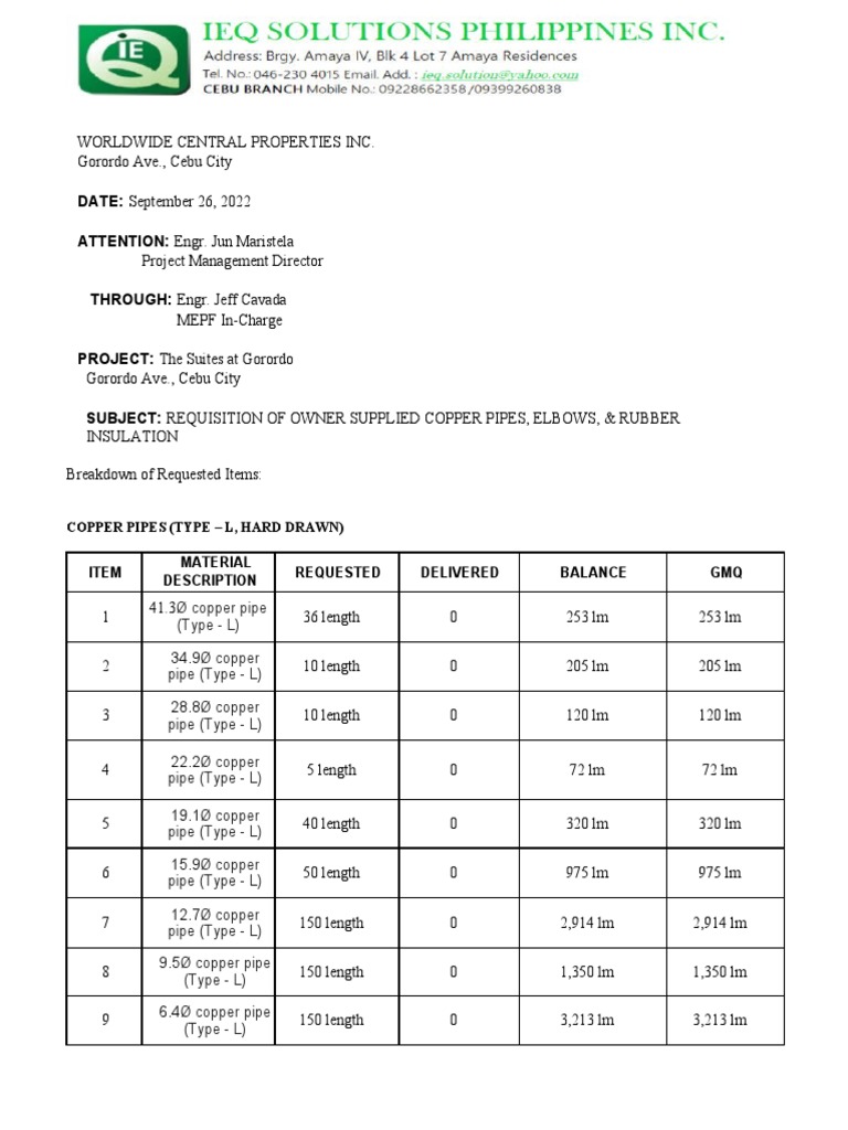 Copper Pipe and Insulation Requisition | PDF | Building Engineering ...