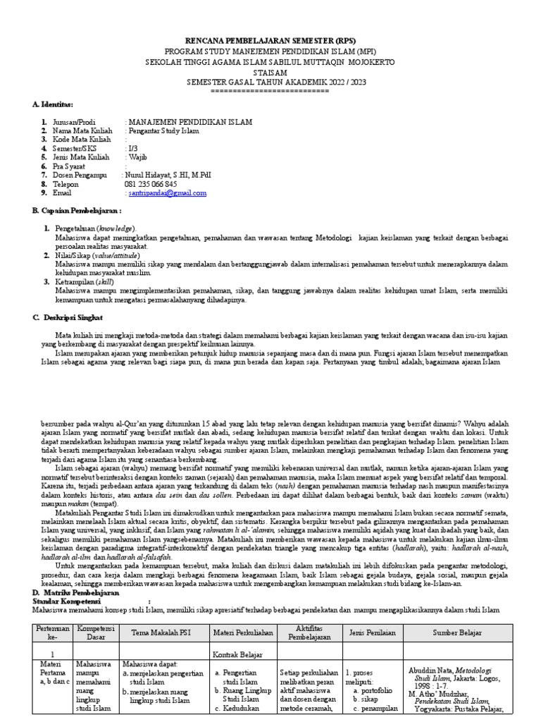RPS Pengantar Study Islam | PDF