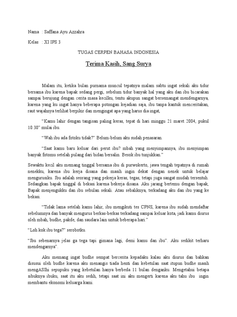 Tugas Cerpen Bahasa Indonesia Sang Surya | PDF
