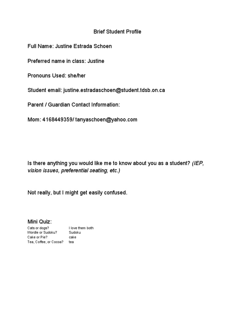 Brief Student Profile | PDF | Wellness