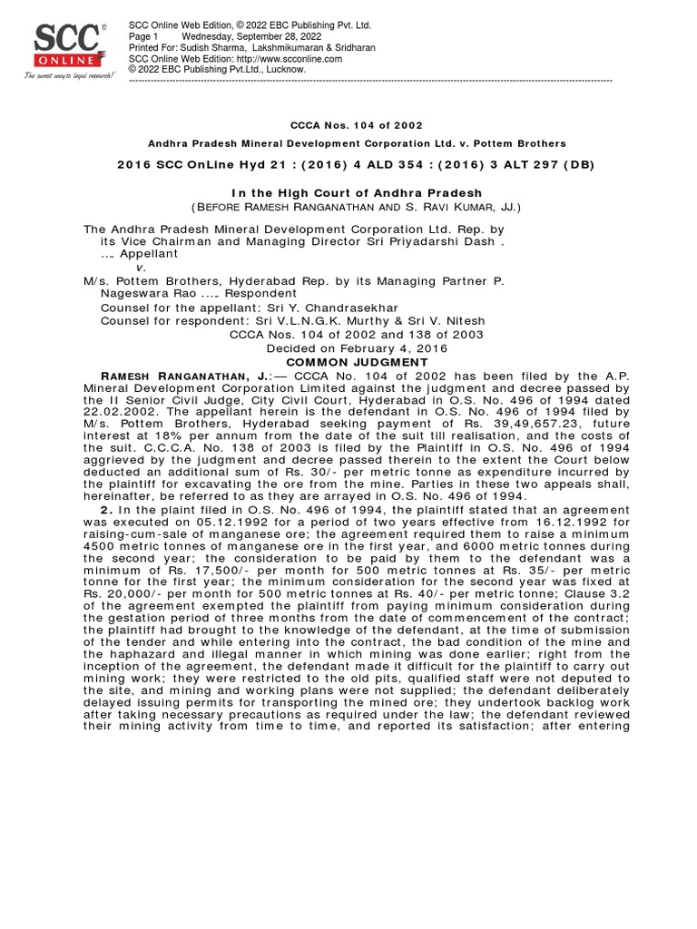 Andhra Pradesh Mineral Development Corporation Ltd. v. Pottem Brothers ...