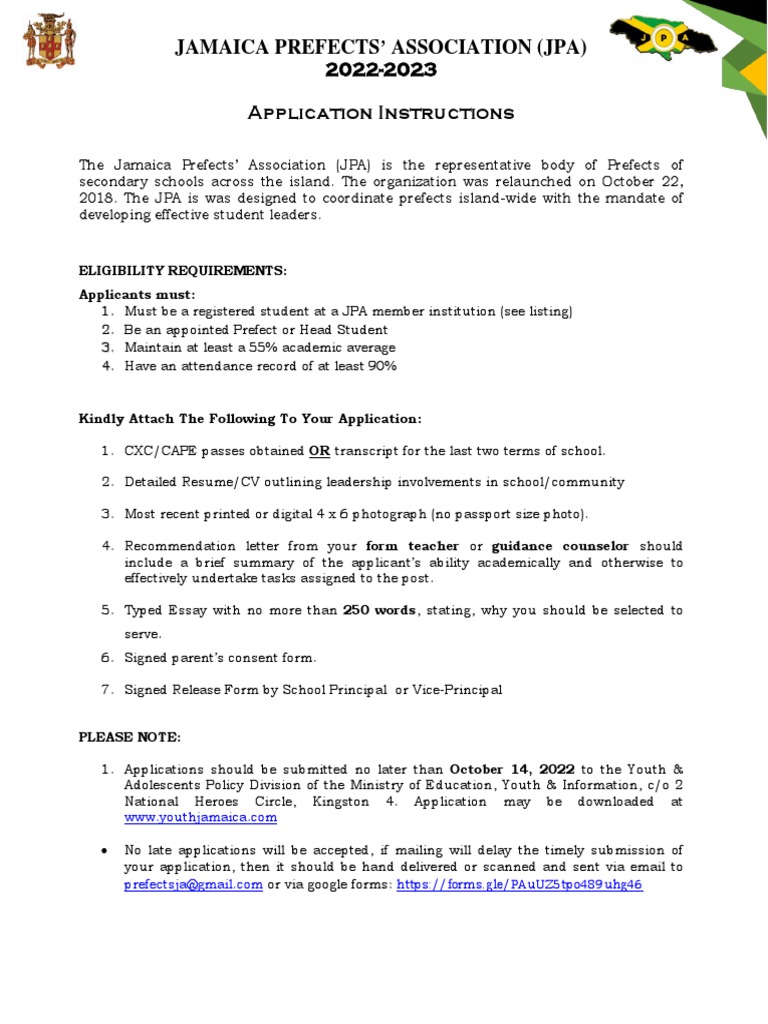 Jamaica Prefects' Association Application Form 2022 | PDF | Career ...